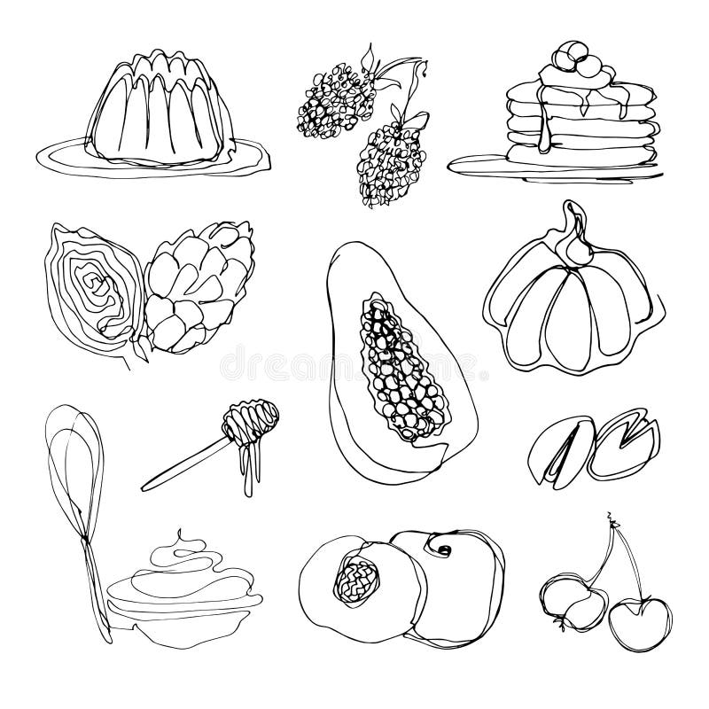 Doodle Set with Food Elements in One Line Style Stock Vector ...
