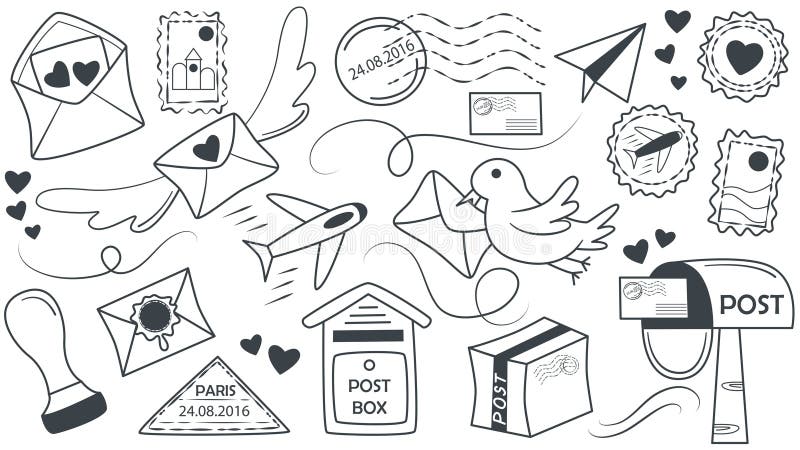 Doodle Set of Illustrations on Topic of Postal Items Stock Illustration ...