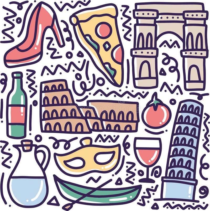 Doodle Set of Italy Holidays Hand Drawing Stock Vector - Illustration ...
