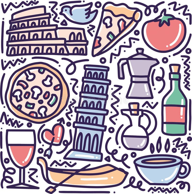 Doodle Set of Italy Holidays Hand Drawing Stock Vector - Illustration ...