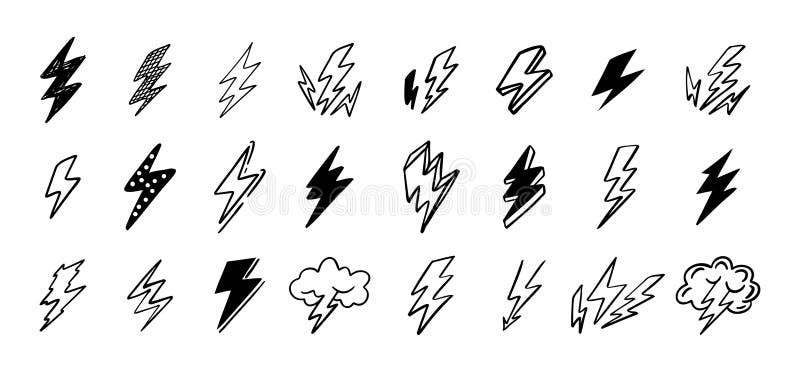 Doodle Set Lightning Line Art. Hand Drawn Lightning Icons Stock ...