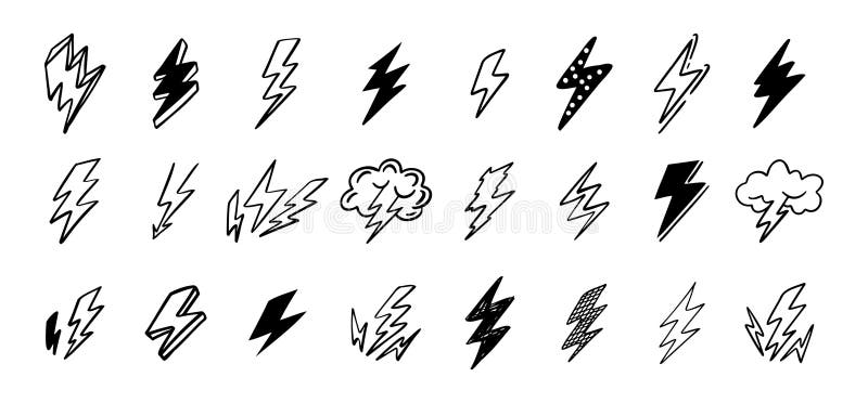 Doodle Set Lightning Line Art. Hand Drawn Lightning Icons Stock Vector ...