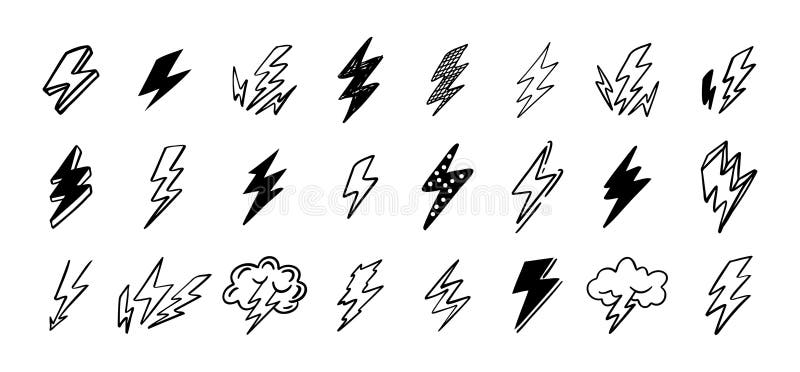 Doodle Set Lightning Line Art. Hand Drawn Lightning Icons Stock ...