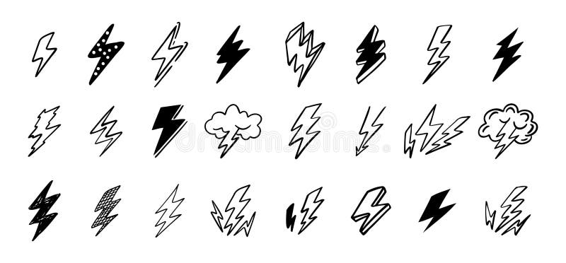 Doodle Set Lightning Line Art. Hand Drawn Lightning Icons Stock Vector ...