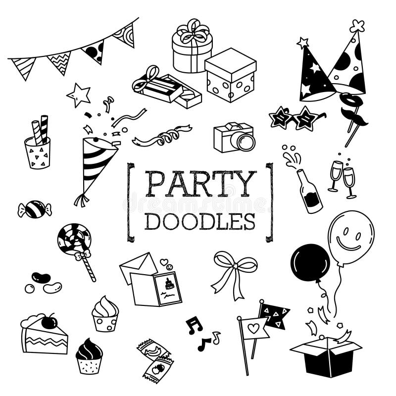 Doodle set of Party items stock vector. Illustration of candle - 90585566