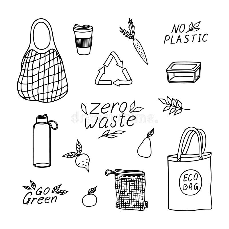 Doodle Set of Zero Waste Concept Stock Vector - Illustration of lunch ...