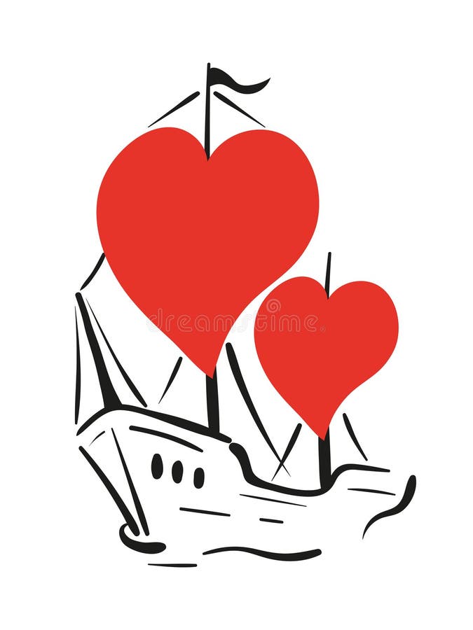 Doodle Ship with Heart Shaped Sails. Love Concept Stock Illustration ...