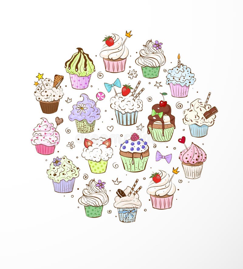 Doodle Sketch Cupcakes with Decorations on White Background. Vector ...