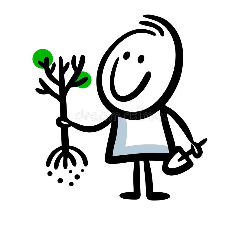 Doodle Sketch of a Man with Seedling Apple Tree and Garden Shovel ...