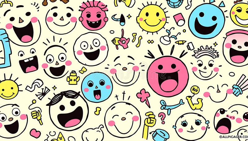 Doodle Smiley Faces Pattern, Cheerful Playful Design, Stock Photo ...