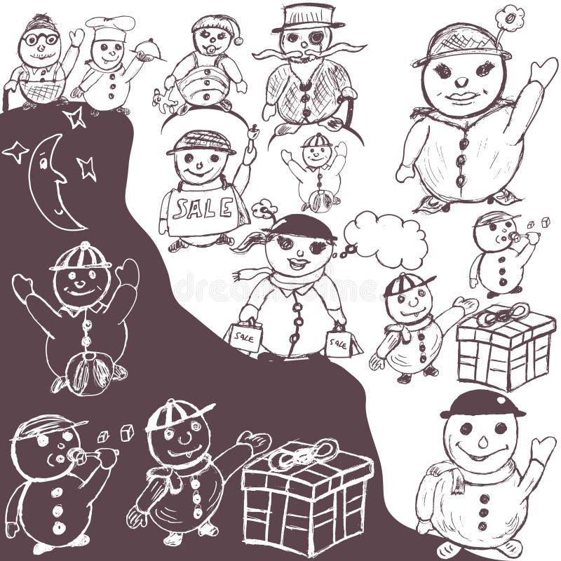 Doodle snowman collection stock vector. Illustration of graphic - 35773120