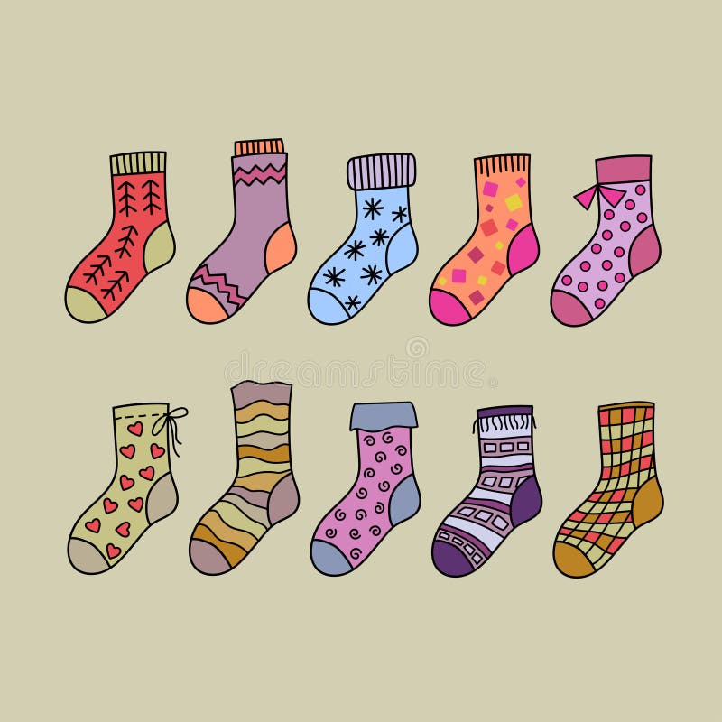 Doodle Socks with Different Texture and Color. Stock Vector ...
