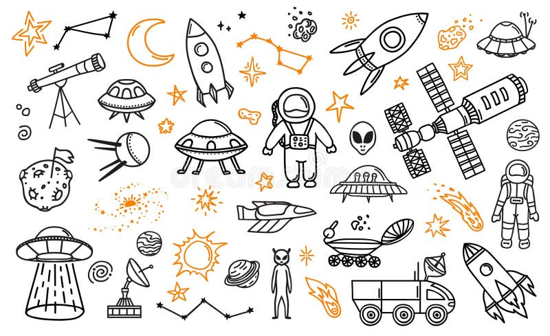 Doodle Space Planets, Astronauts, Spaceship, Comet Stock Vector ...