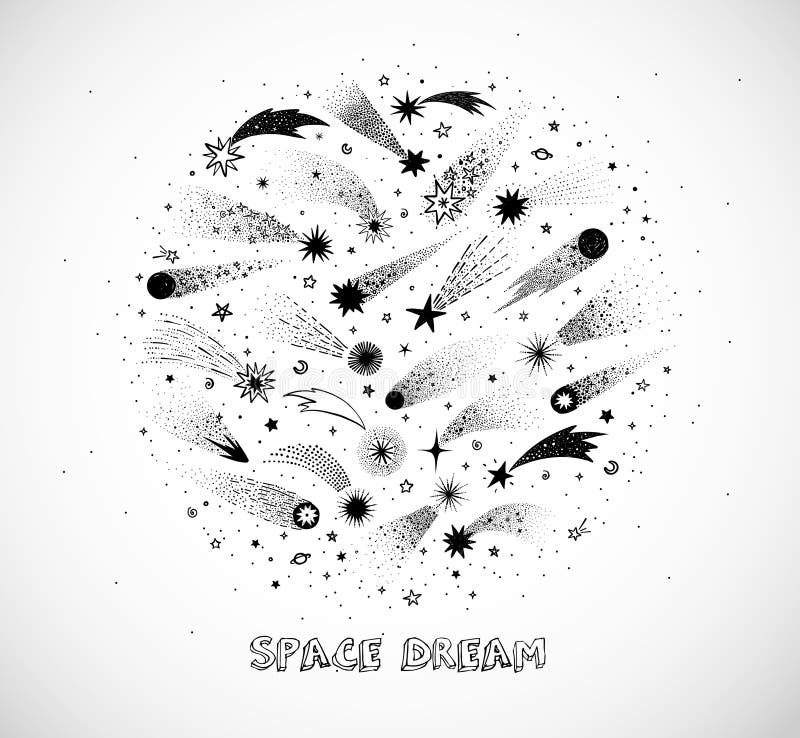 Doodle Space and Shooting Stars in Circle on White Background. Vector ...