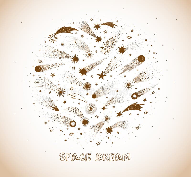 Doodle Space and Shooting Stars in Vintage Style. Vector Sketch ...