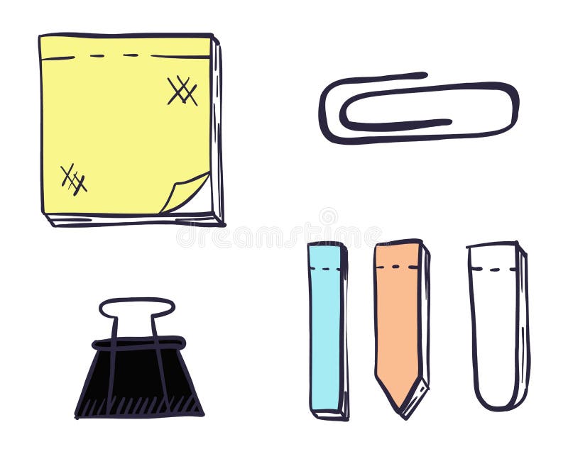 Doodle Stationery Set. Yellow Note Paper, Book and Document Bookmarks ...