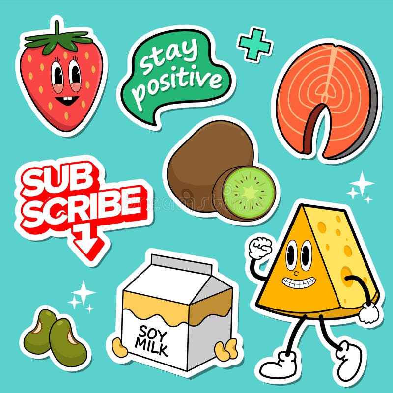 Doodle Sticker Pack Vector, Healthy Food and Positive Quotes Stock ...