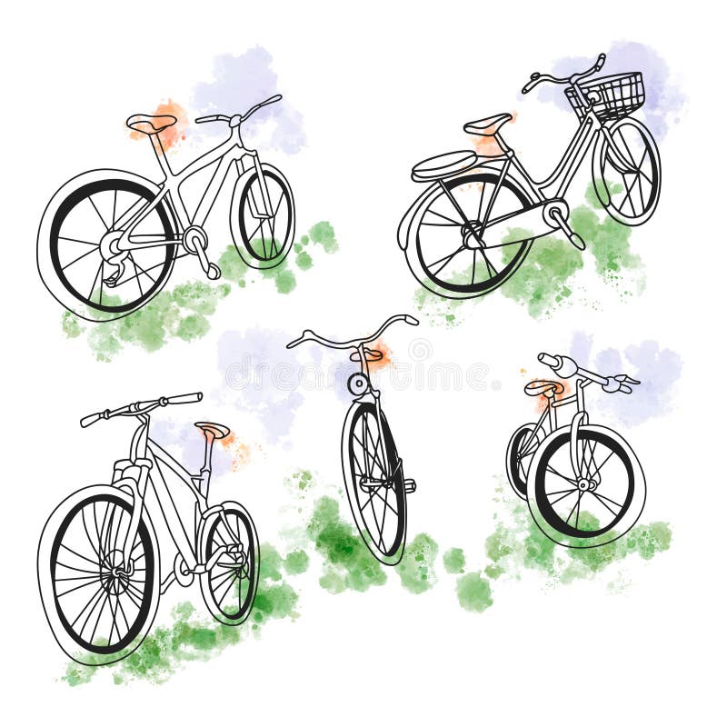 Set of Bicycles in Doodle Style with Watercolor Background Stock Vector ...