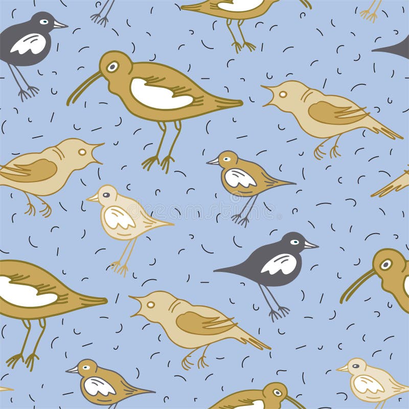 Doodle Style Birds Seamless Pattern on Blue Background. Stock Vector ...