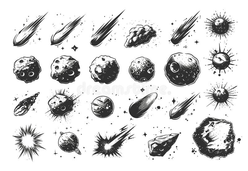 Doodle Style Comets and Meteorites Icon Set. Comet, Meteorite, Space ...