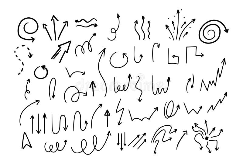 Doodle Style Hand Drawing. Black and White Arrows of Different Shapes ...
