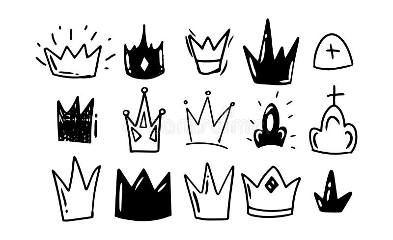 Doodle Style Hand Drawing. Black and White Crowns, Different Shapes ...