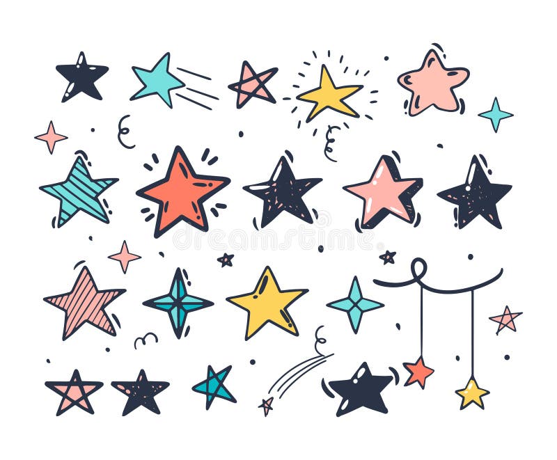 Doodle Style Hand Drawing. Colored Stars of Different Shapes Stock ...