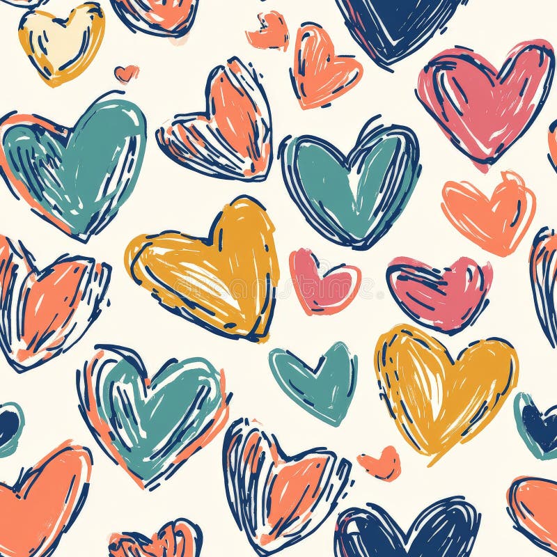A Doodle-style Heart Pattern, with Randomly Hand-drawn Hearts in ...
