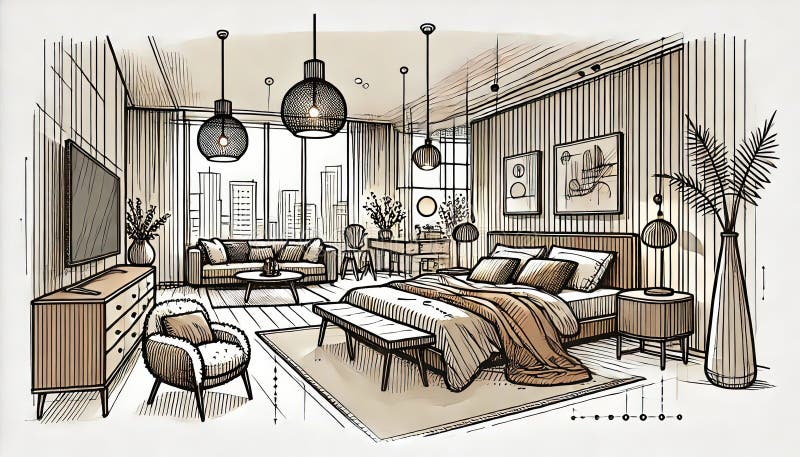 A Doodle Style Illustration of an Elegant Scandinavian Loft-style ...