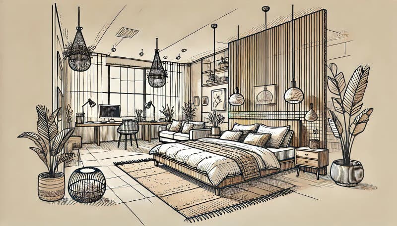 A Doodle Style Illustration of an Elegant Scandinavian Master Bedroom ...
