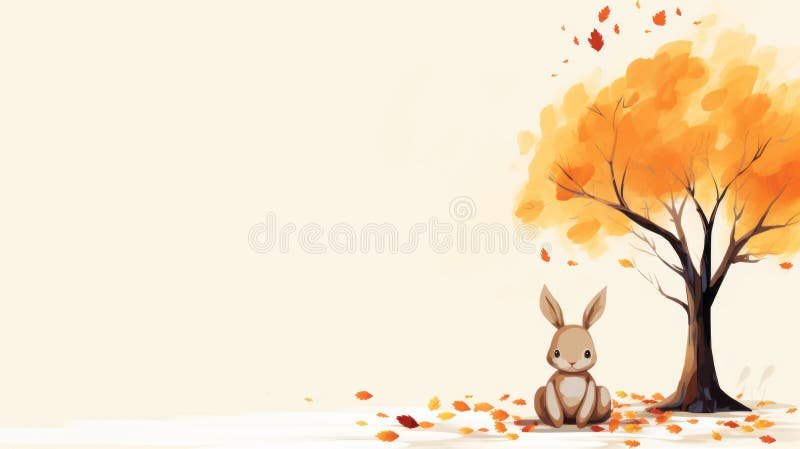 Minimalist Autumn Tree with Cute Rabbit - Soft Shading Background Stock ...