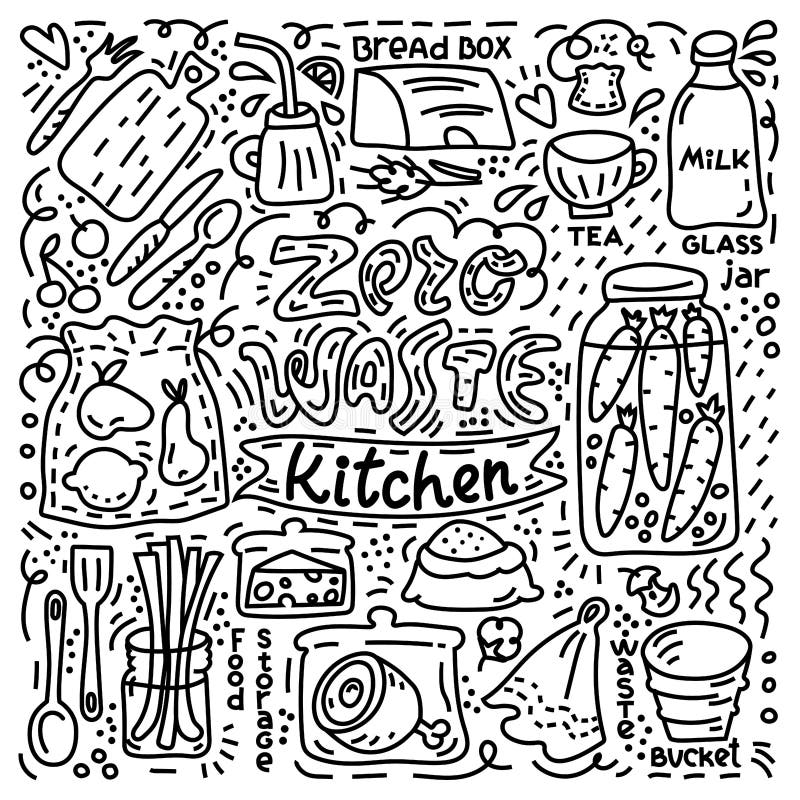 Zero Waste Outline Illustration with Reuse Objects for Kitchen Stock ...