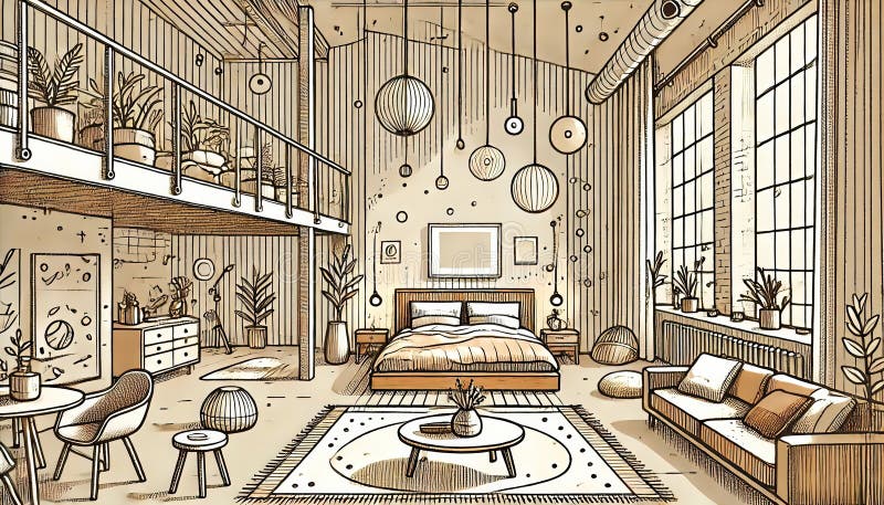 A Doodle Style Illustration of a Scandinavian-inspired Master Bedroom ...