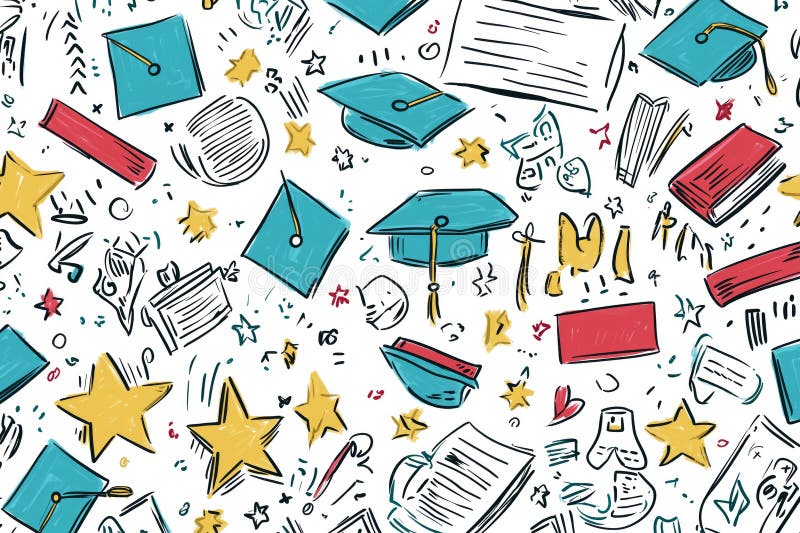 Doodle-style Pattern of Graduation-related Elements: Caps, Diplomas ...