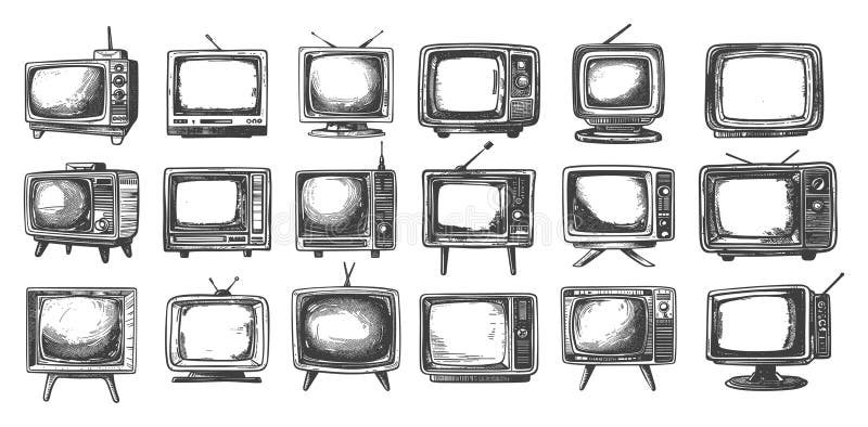 Doodle Style Retro Televisions in Various Types. Hand Drawn Black ...
