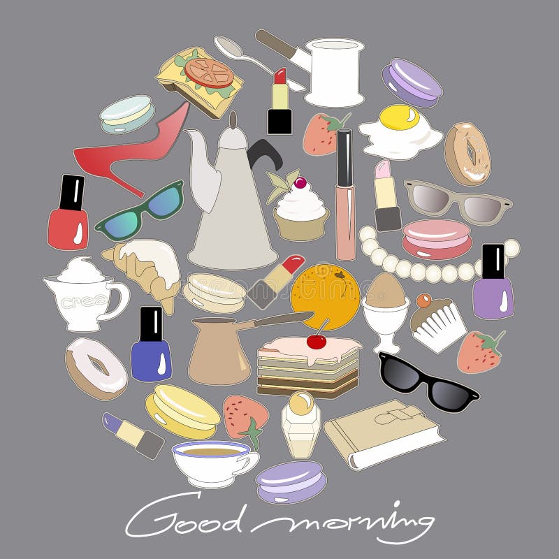 Doodle Style Set with Morning and Breakfast Objects. Colorful Vector ...