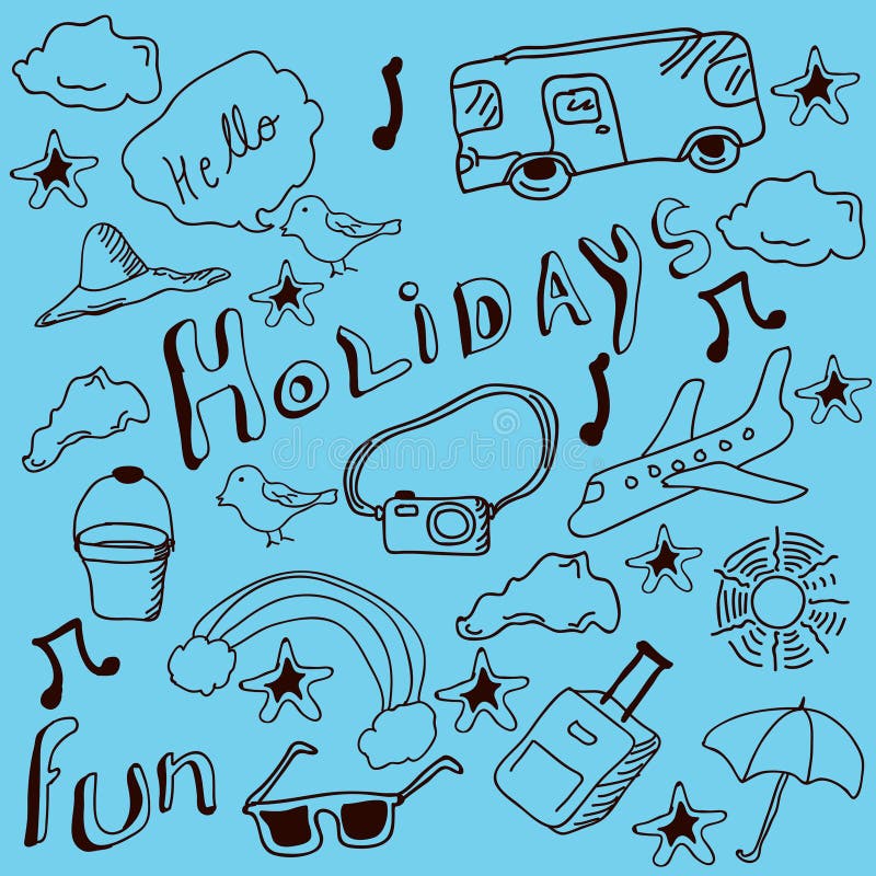 Doodle Style Summer Holidays Pattern on Blue Stock Illustration ...