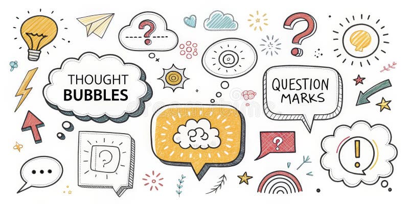Doodle Style Thinking Idea, Question and Thought Bubbles, Sketch ...