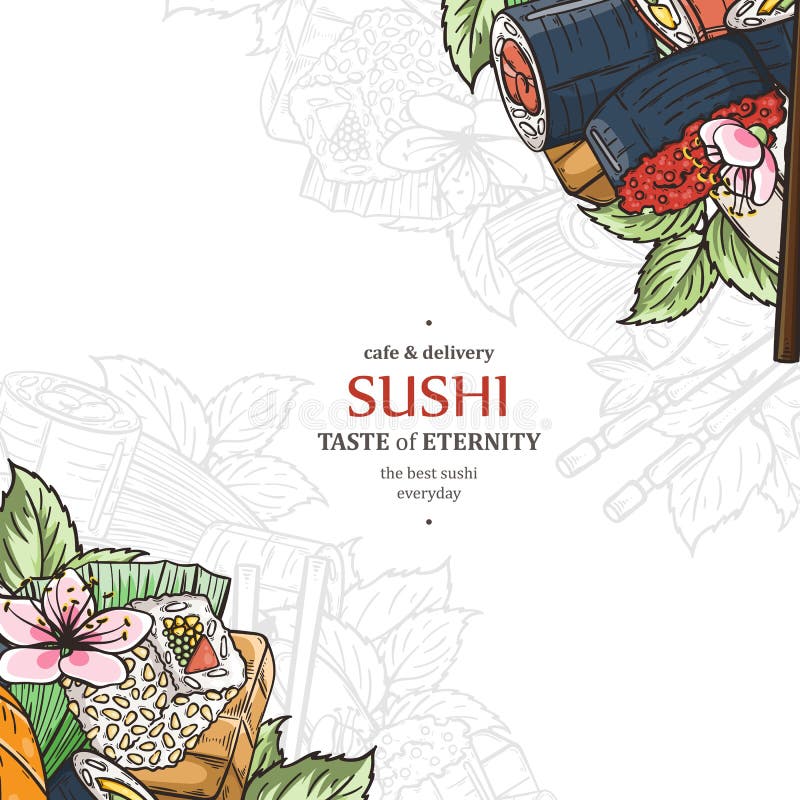 Doodle Sushi Restaurant Menu Design Template. Engrave Asian Food Frame ...