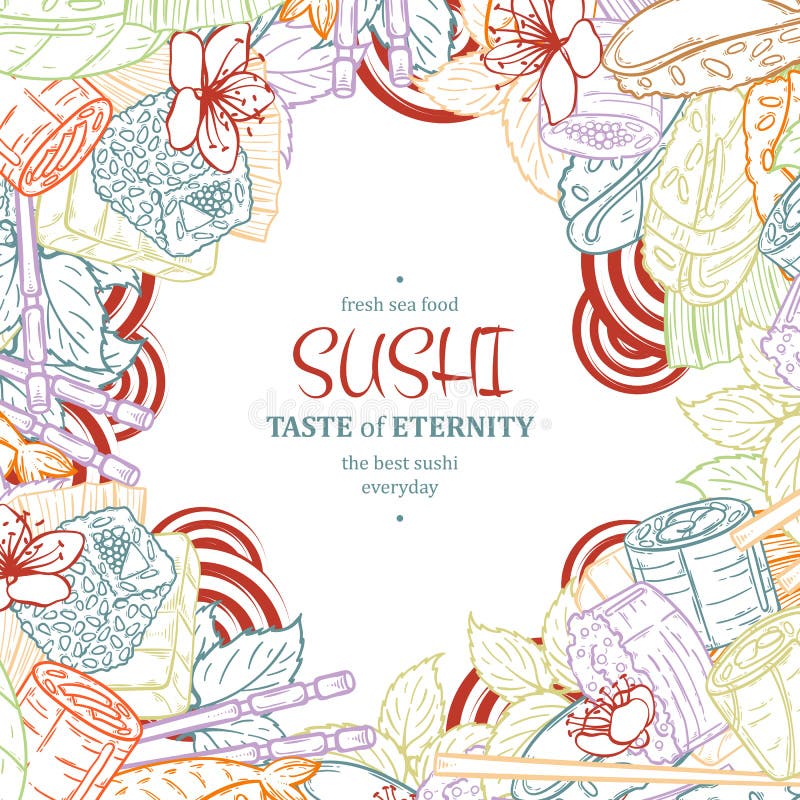 Doodle Sushi Restaurant Menu Design Template. Engrave Asian Food Frame ...