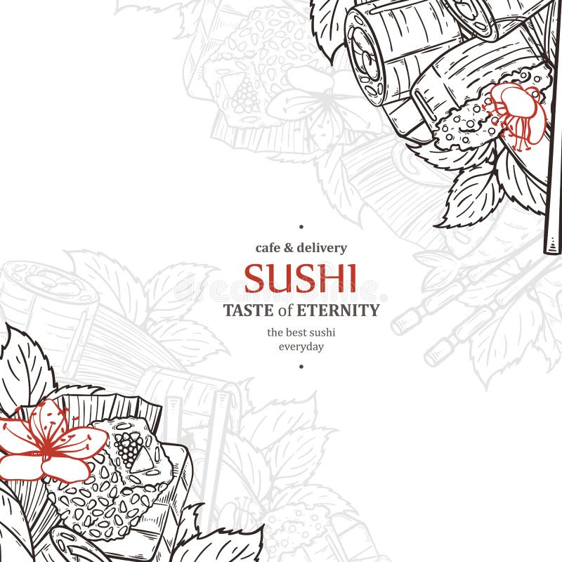 Doodle Sushi Restaurant Menu Design Template. Engrave Asian Food Frame ...