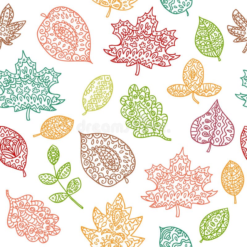 Doodle Textured Leaves Seamless Pattern Stock Vector - Illustration of ...