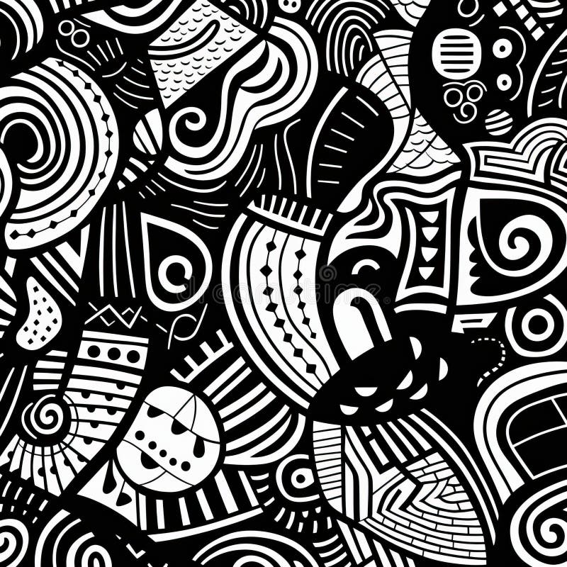 Abstracted Black and White Cartoon Doodles: Mesoamerican Influenced ...