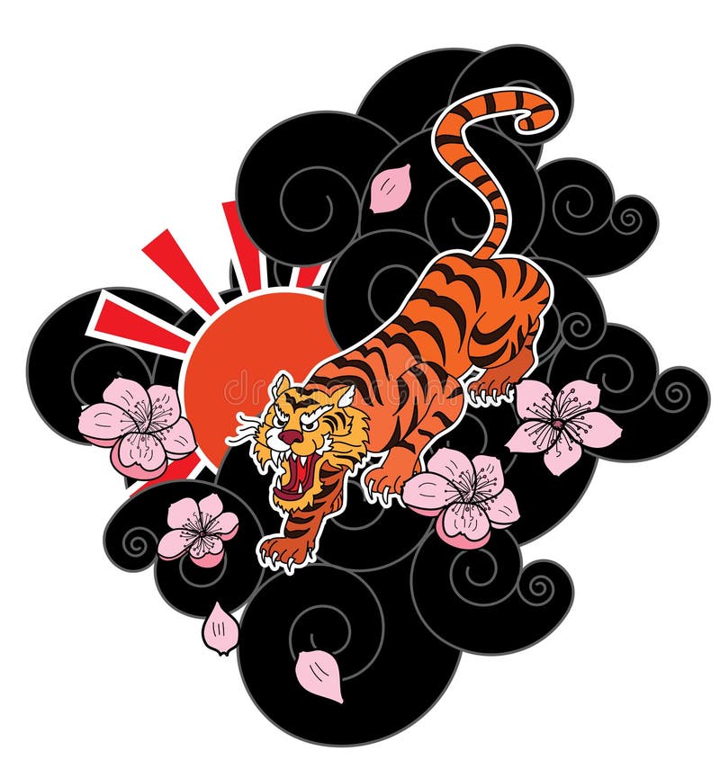 Tiger with Flower and Japanese Cloud Tattoo Design Vector Stock Vector ...