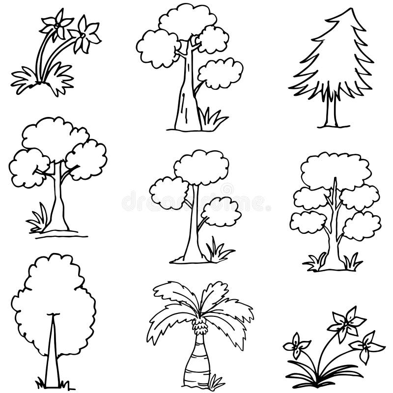 Doodle Oof Different Tree Set Hand Draw Stock Vector - Illustration of ...