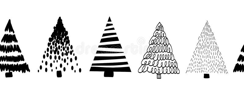 Doodle Tree Pattern Black on White Seamless Vector Border. Monochrome ...