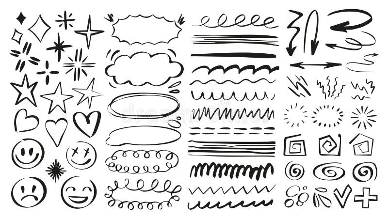 Doodle Underline Emphasis Scribble Set of Marker Brush Stroke Texture. Handwriting Elements with ...