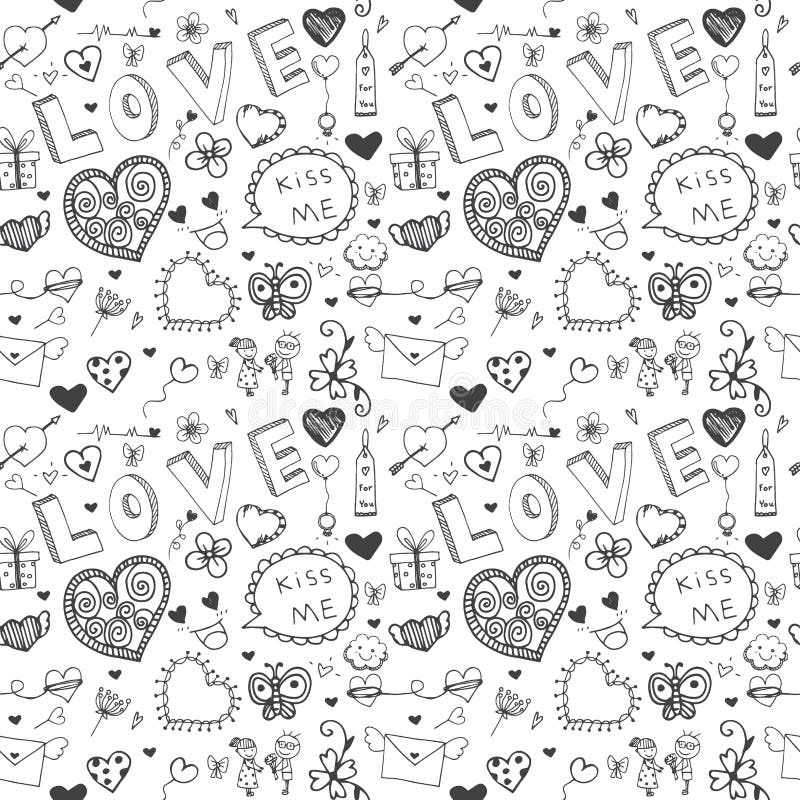Doodle Vector Freehand Drawing of Love Pattern Seamless on White ...