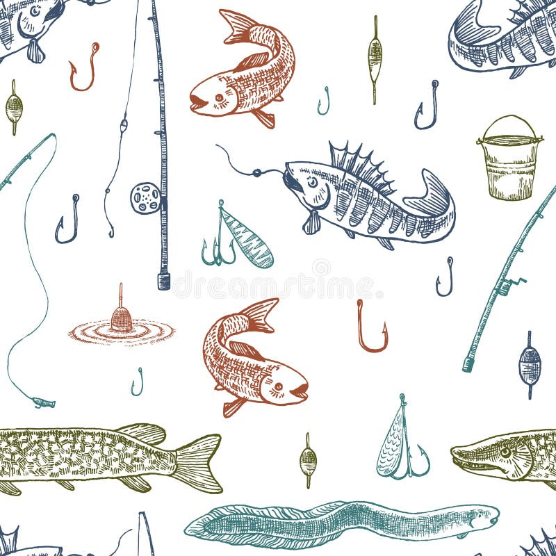 Doodle Vector Seamless Pattern. Fishing Illustration Stock Vector ...