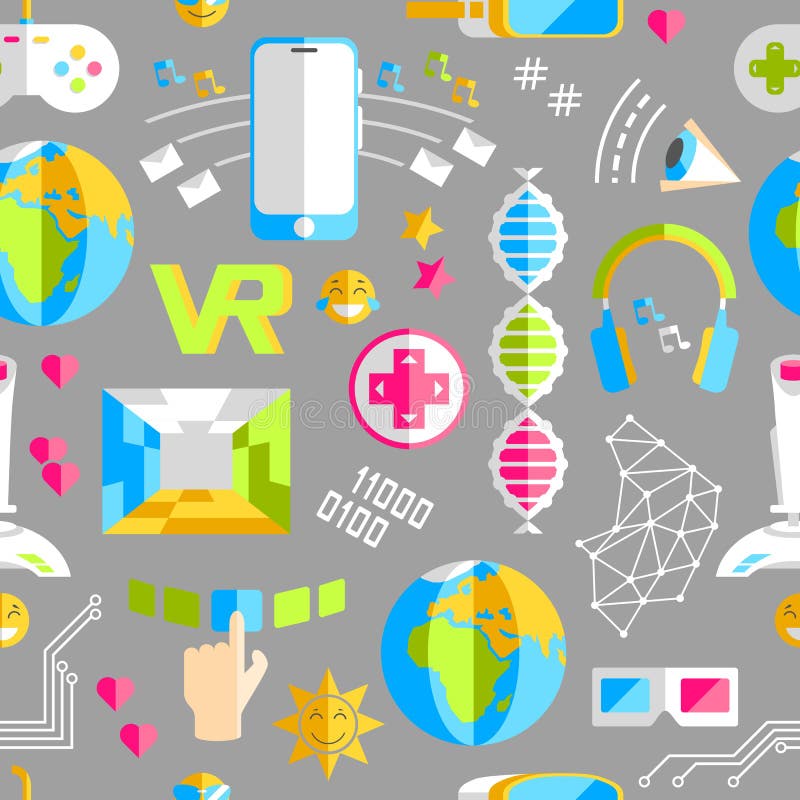 Doodle Vector Seamless Pattern with Virtual Reality and Innovati Stock ...
